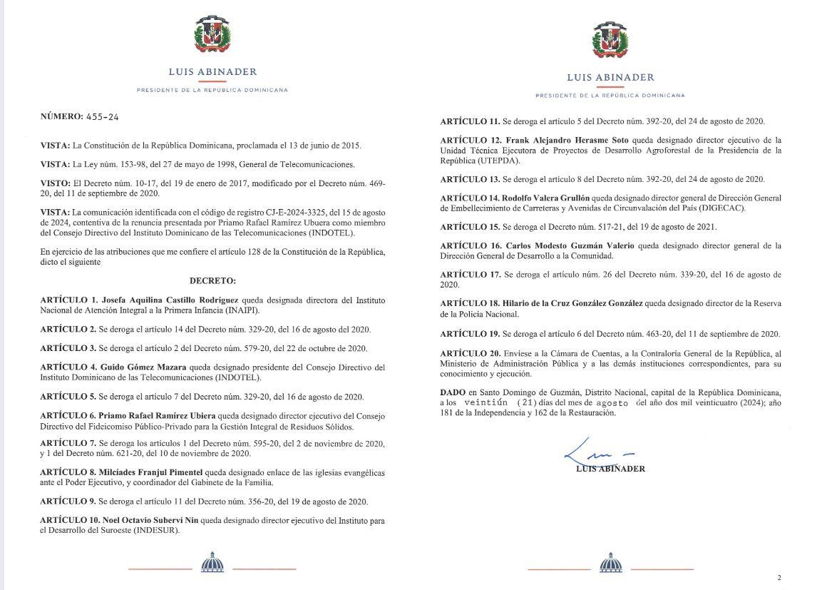 Presidente Abinader designa mediante decretos nuevos directores en INAIPI, INDOTEL, INDESUR ...